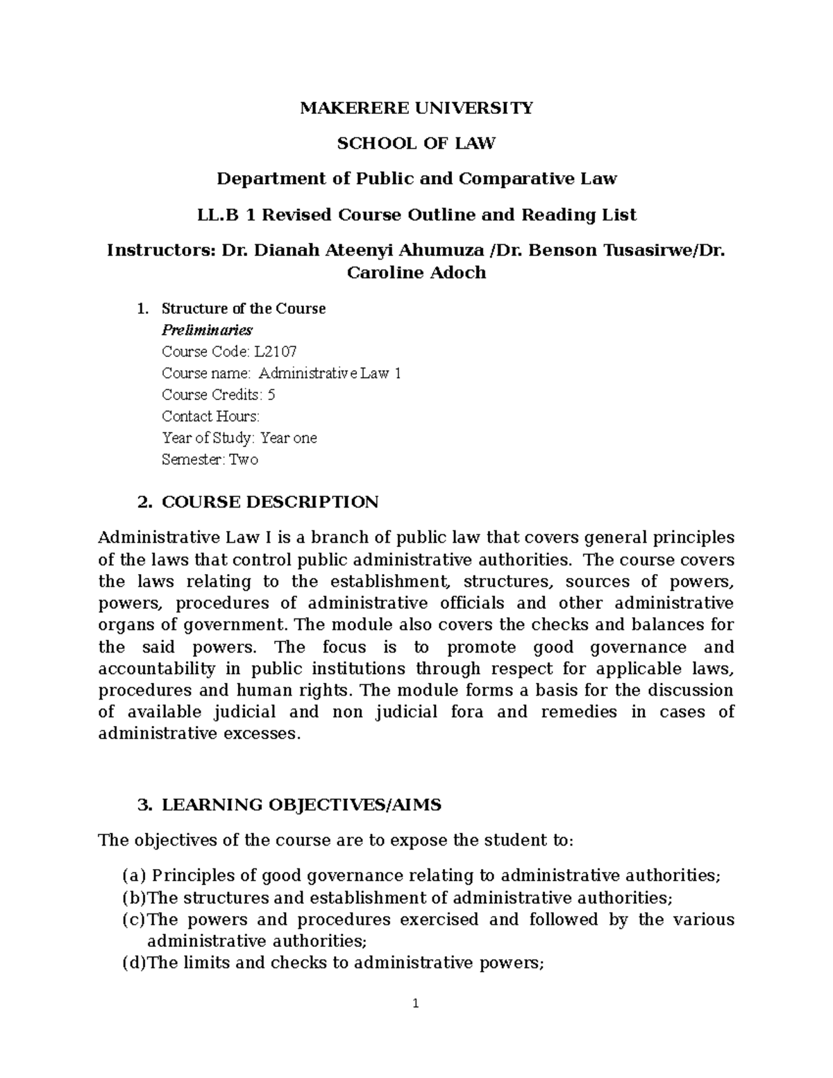 Revised Course Outline for Administrative Law 1 (LL.B 1, 2021-22) - Studocu