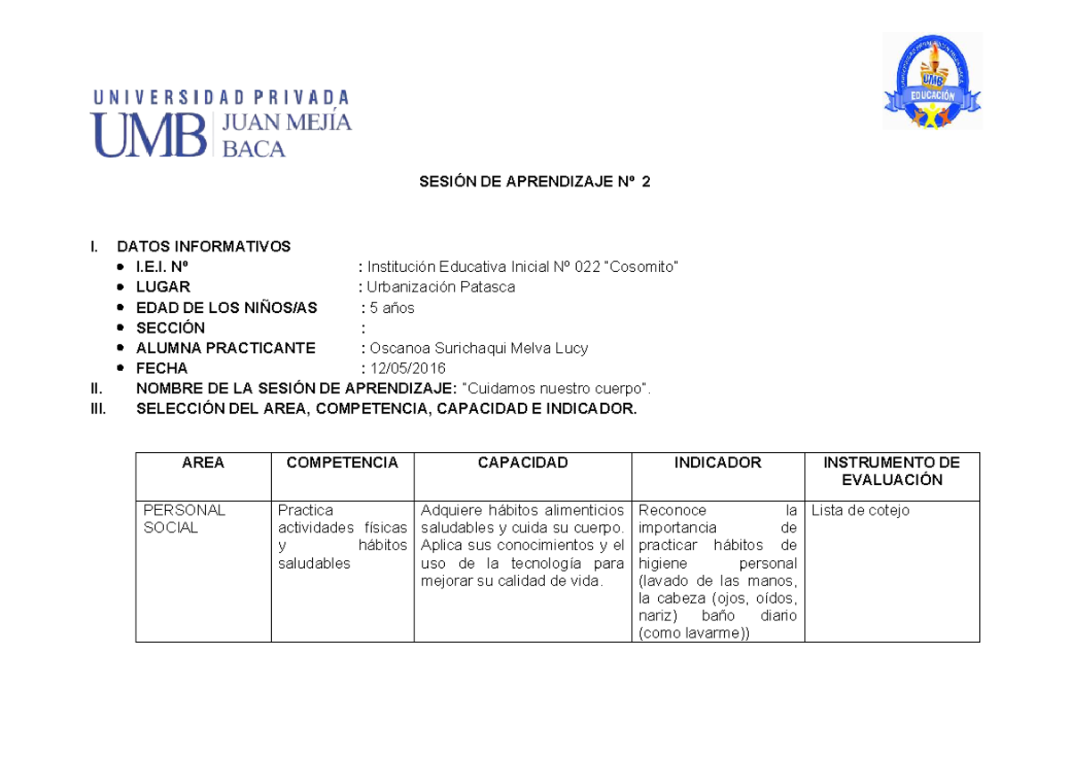 Sesión de Aprendizaje Nº 2: Hábitos de Higiene Personal en Niños - Studocu