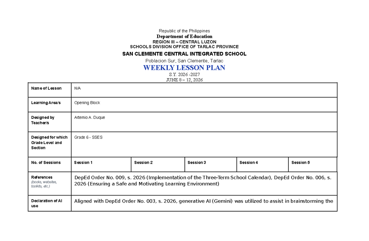 Weekly Lesson Plan for Grade 6 SSES (SY 2026) by Artemio A. Duque - Studocu