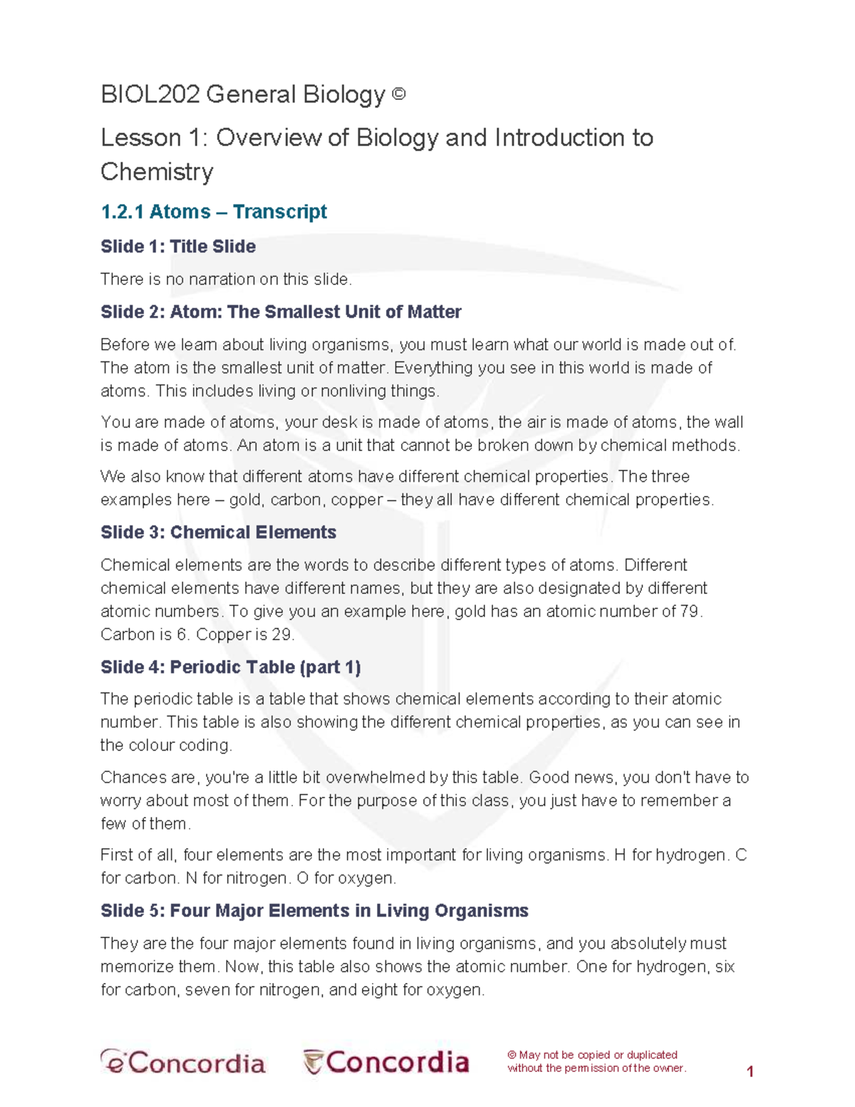 BIOL202 General Biology Lesson 1: Atoms and Chemical Elements Overview ...