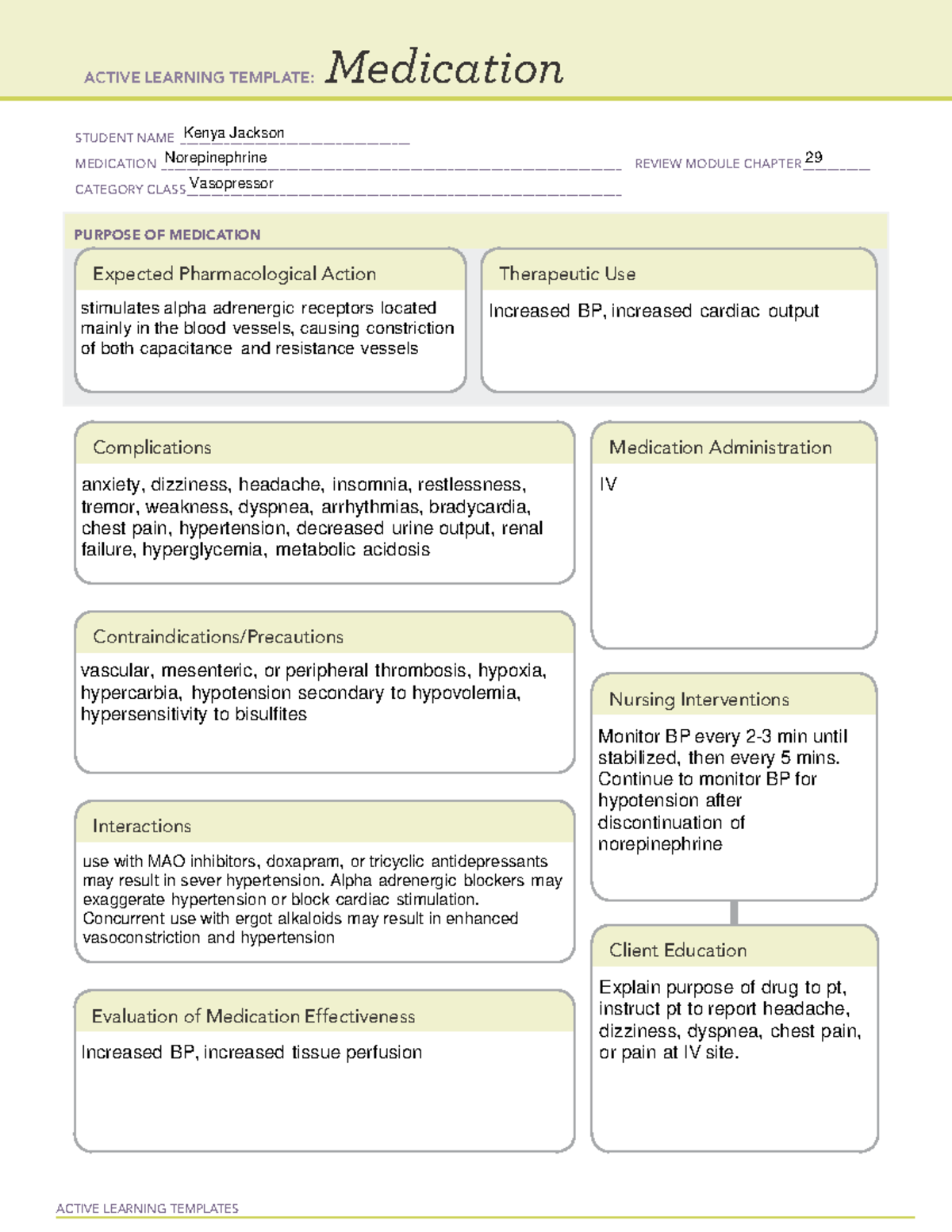 ACTIVE LEARNING TEMPLATE: Norepinephrine Drug Card - CH 29 - Studocu