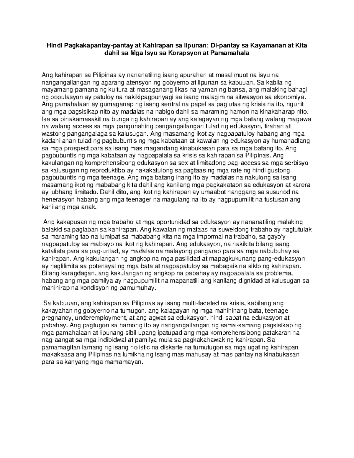 Fil-ESSAY: Kahirapan at Pagkakapantay-pantay sa Lipunan - Studocu