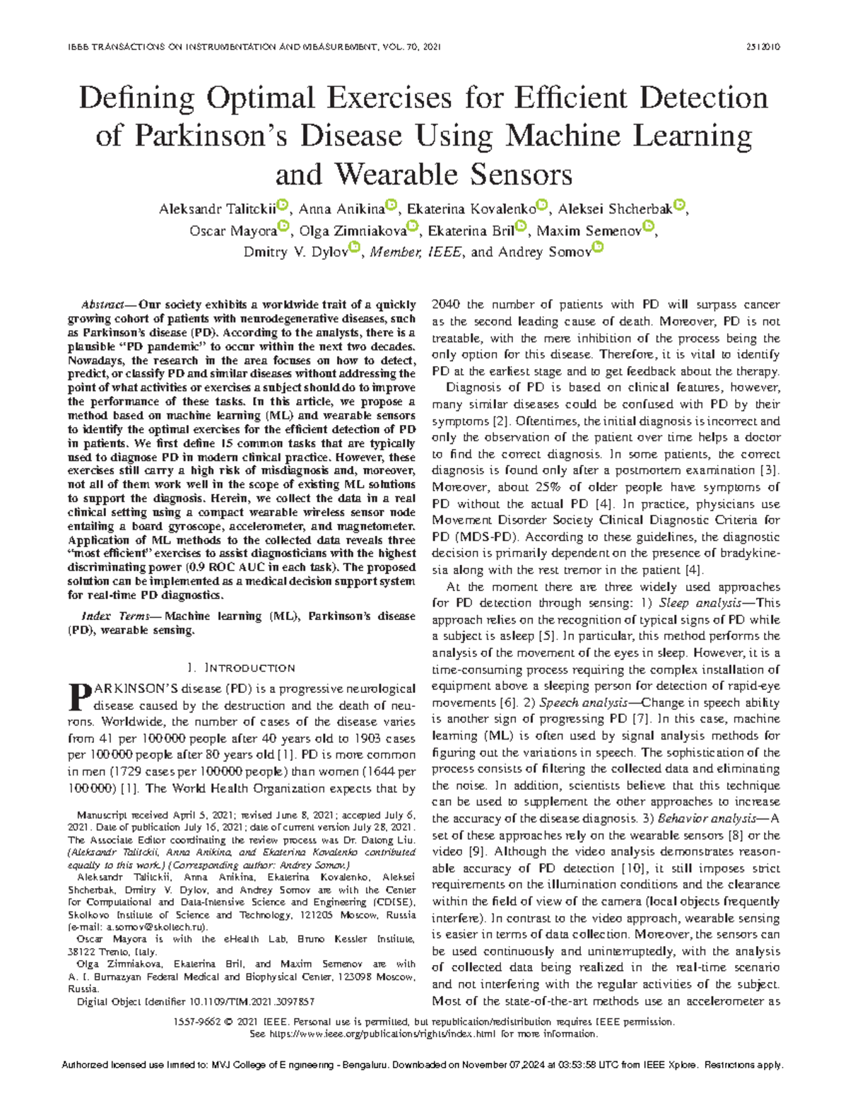 Defining Optimal Exercises For Efficient Detection Of Parkinsons Disease Using Machine Learning