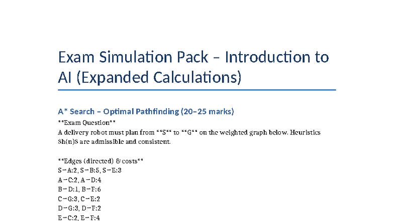 Exam Simulation Pack: Introduction to AI Concepts and Pathfinding - Studocu