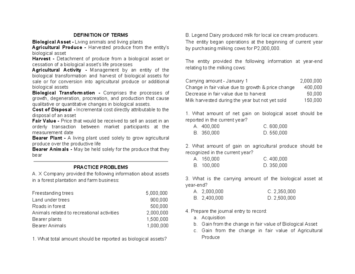 Biological Asset Concepts and Problems - Study Guide - Studocu