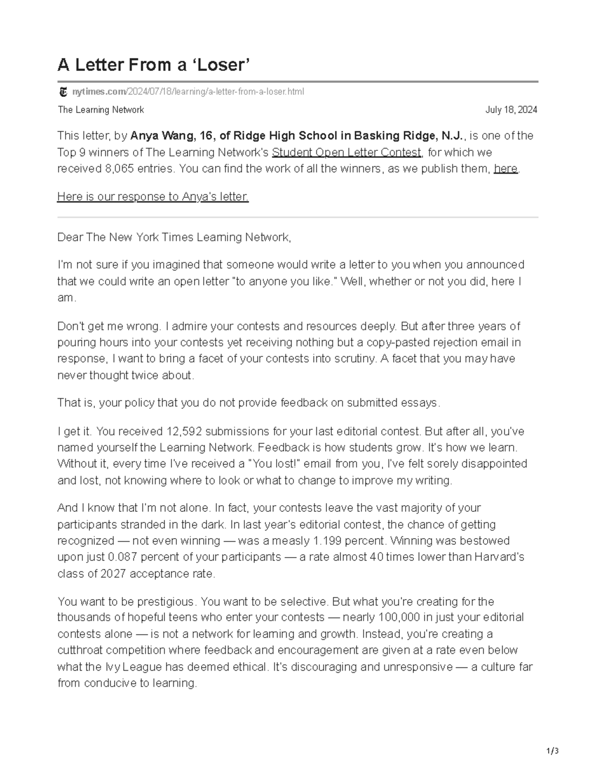A Letter From a 'Loser': Reflections on NYT Contest Policies - Studocu