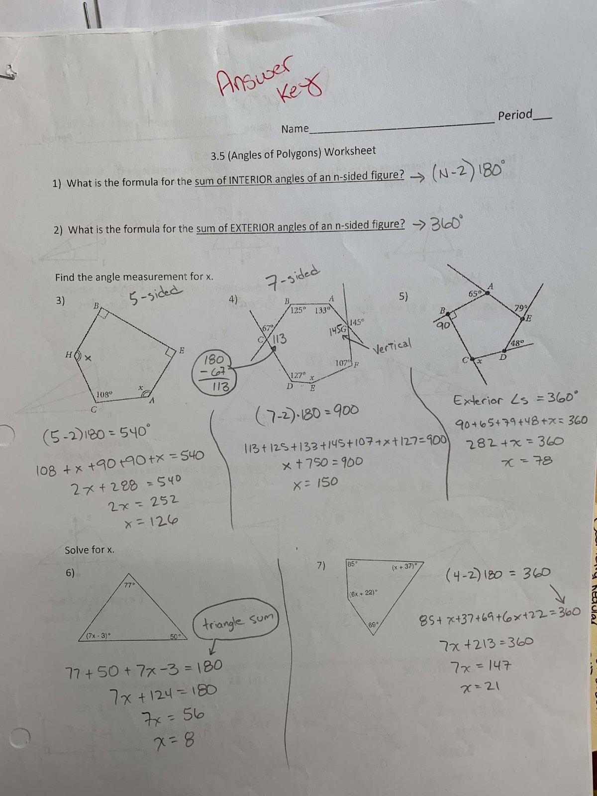 Answer Key - Chapter 5 Review (5.1, 5.3, 5.5) on Angles of Polygons ...