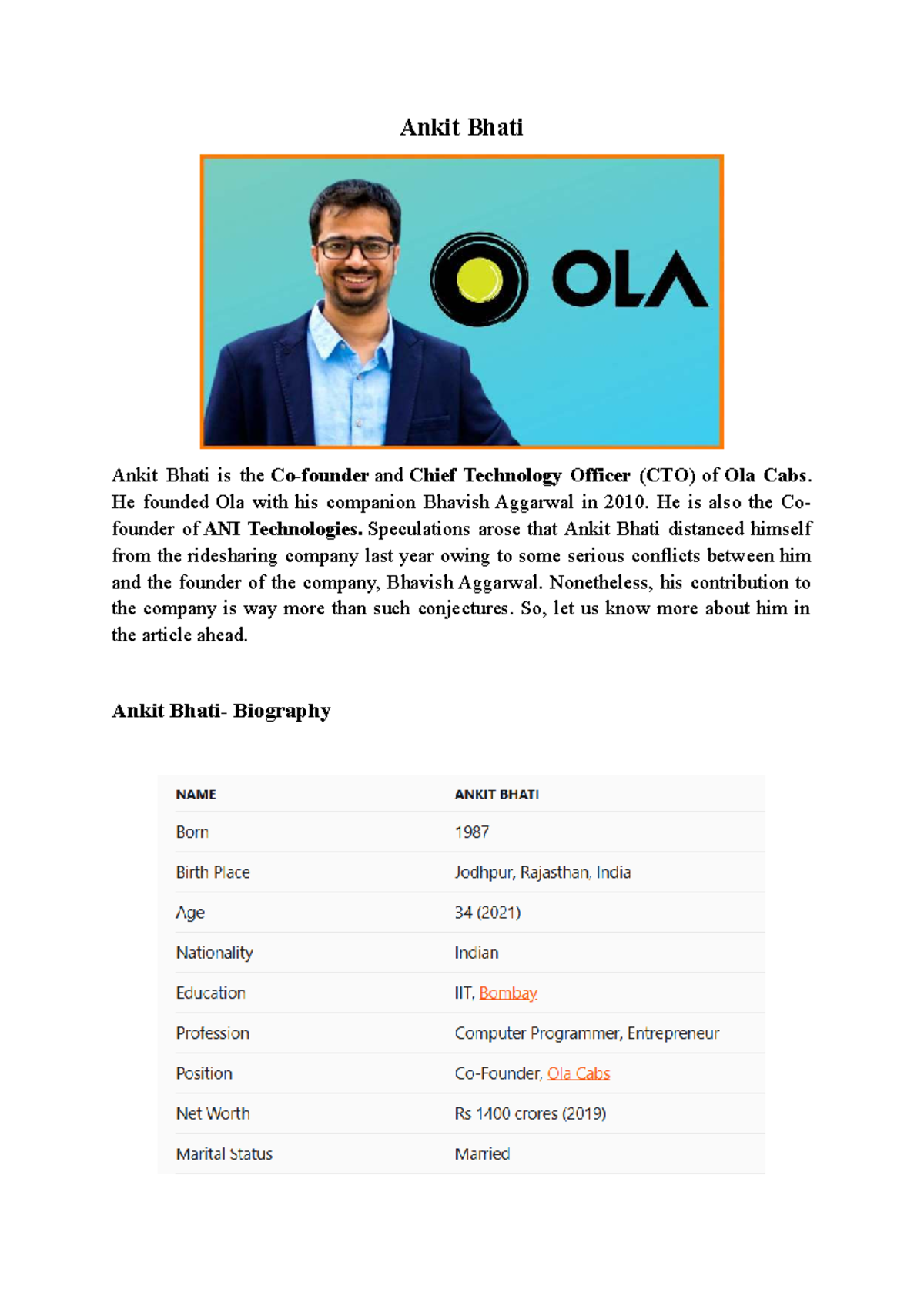 Ankit Bhati: CTO of Ola Cabs - Biography & Career Insights - Studocu