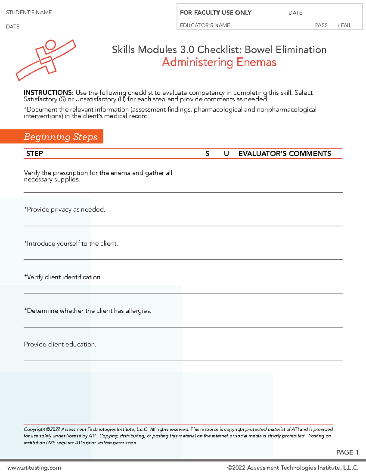 ATI Skills Module 3.0: Bowel Elimination Enema Admin Checklist - Studocu