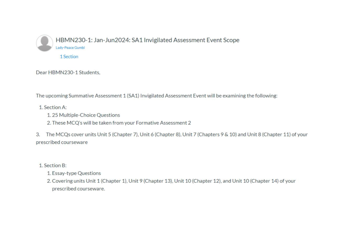 SA1 Invigilated Assessment Event Scope: Key Areas to Study - Studocu