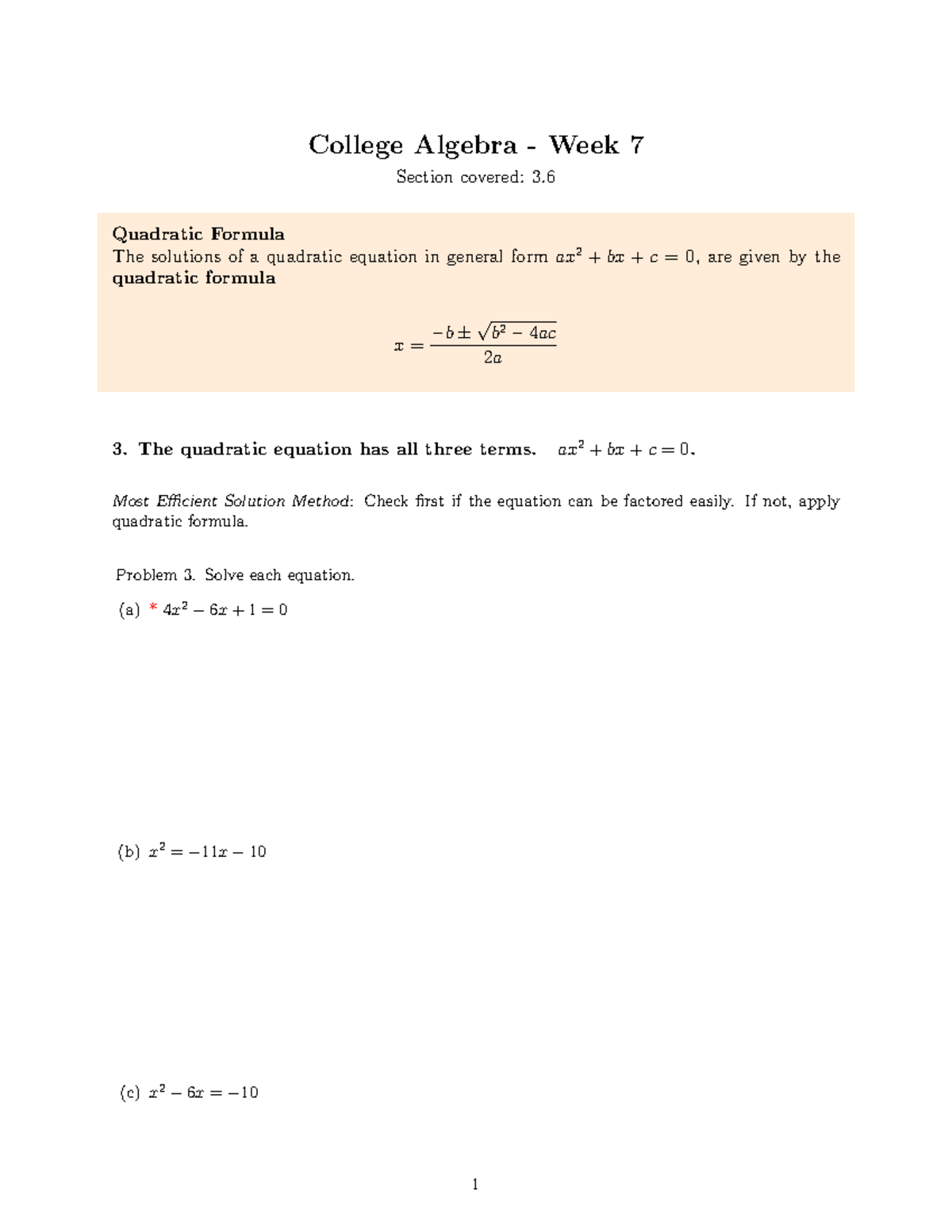 College Algebra - Week 7: Quadratic Equations & Discriminants - Studocu