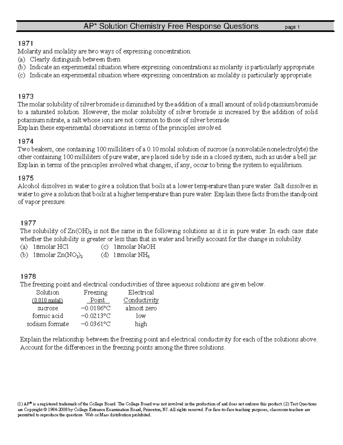 AP Solution Chemistry Questions Worksheet for Comprehensive Review ...