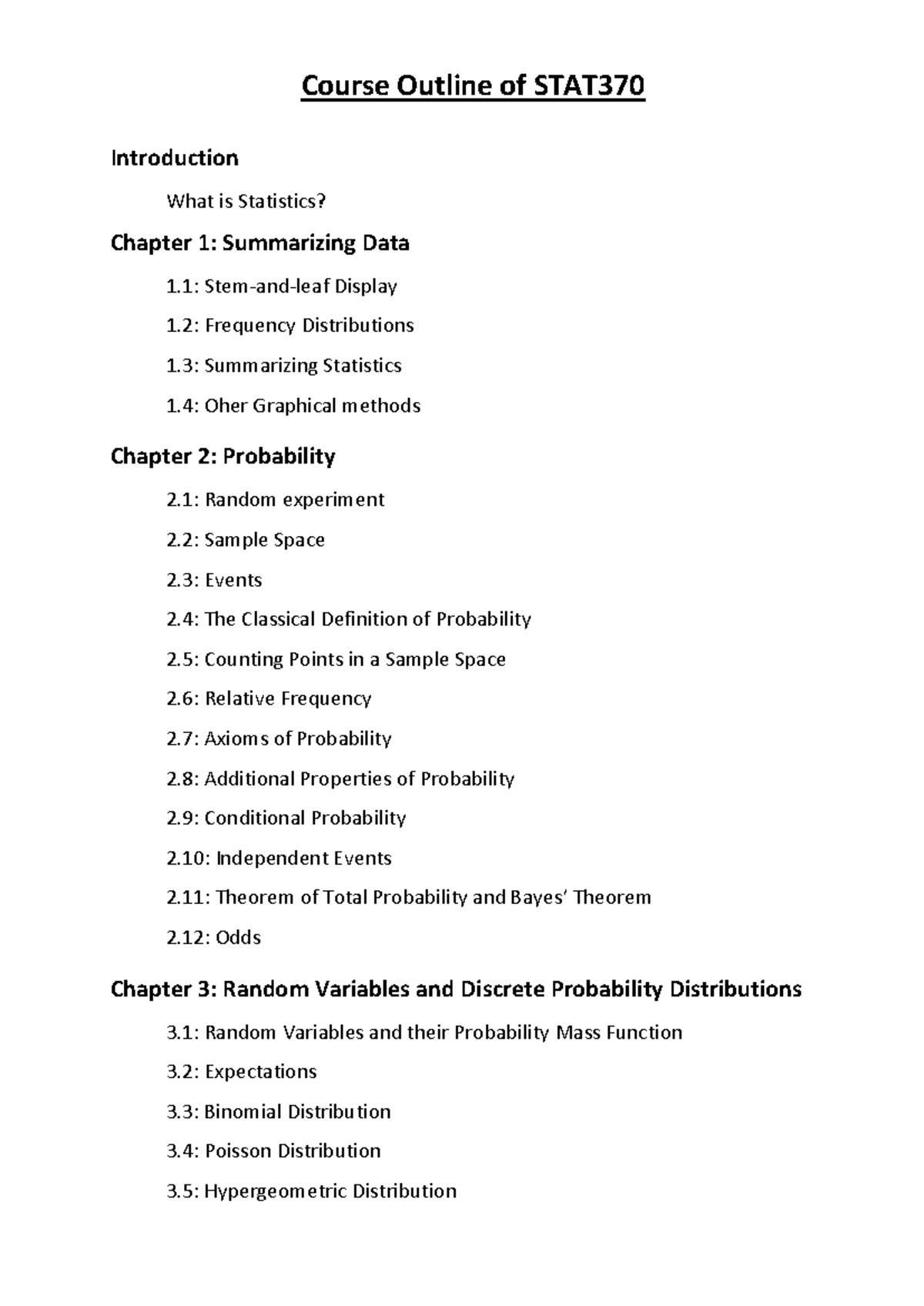 STAT370 Course Outline: Intro to Statistics & Key Concepts - Studocu
