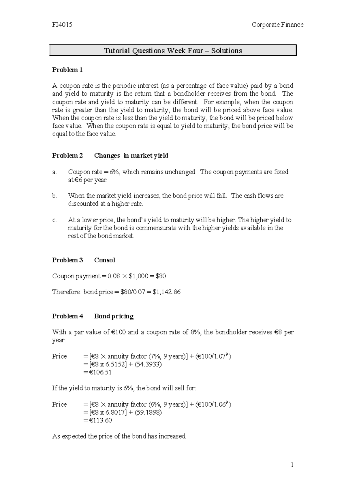 FI4015 Corporate Finance Tutorial Problems - Week 4 Solutions - Studocu