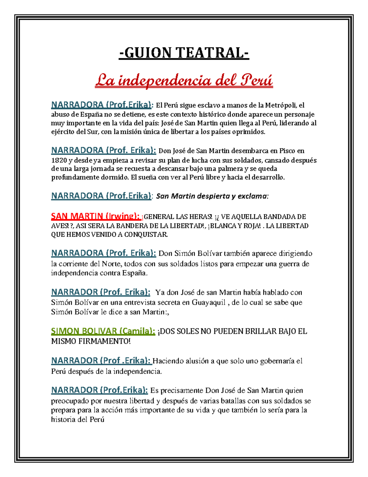 Guion Teatral: La Independencia del Perú - 582506759 - Studocu