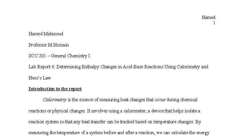 SCC 201 General Chemistry I Lab Report 6: Enthalpy Changes via ...