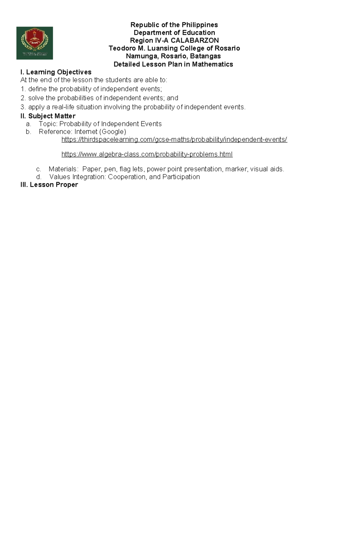 Detailed Lesson Plan in Mathematics: Probability of Independent Events ...