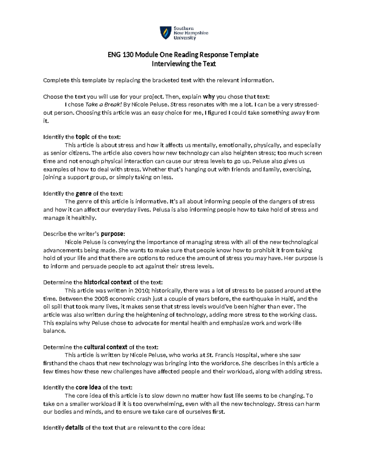 ENG 130 Module 1 Reading Response: Managing Stress in Modern Life - Studocu