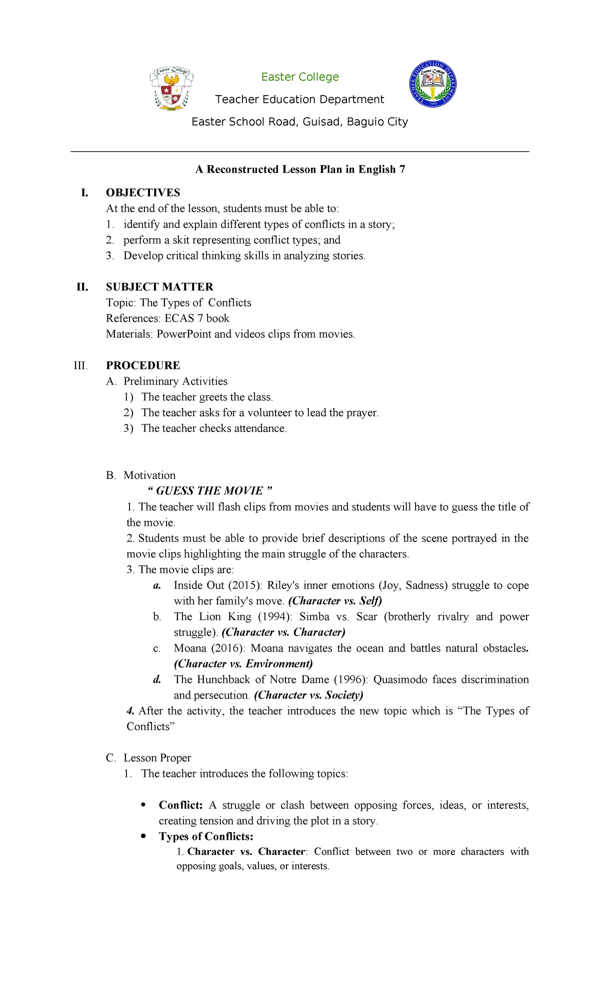 RLP: Lesson Plan on Types of Conflicts for English 7 - Studocu