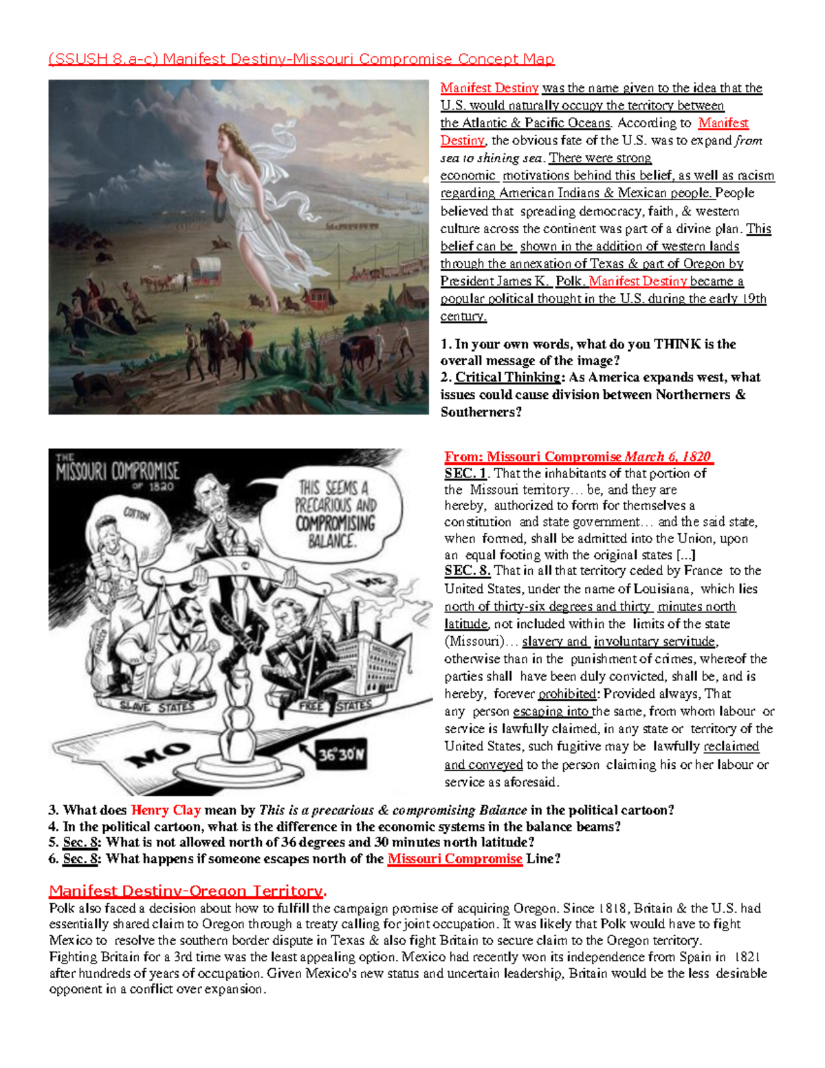 SSUSH 8.a-c: Manifest Destiny & Missouri Compromise Concept Map - Studocu