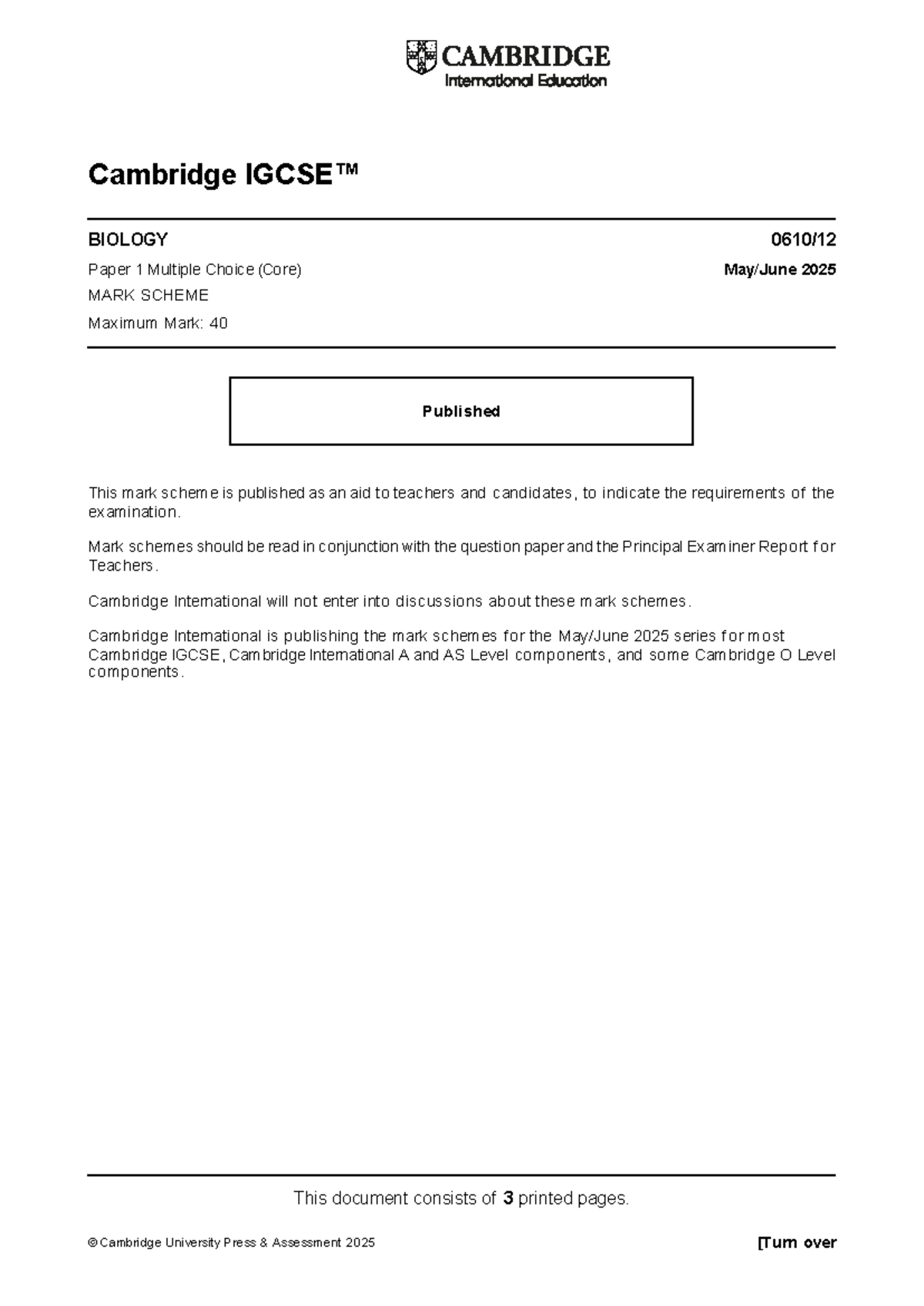 Cambridge IGCSE BIOLOGY 0610/25 Paper 1 Mark Scheme 2025 - Studocu