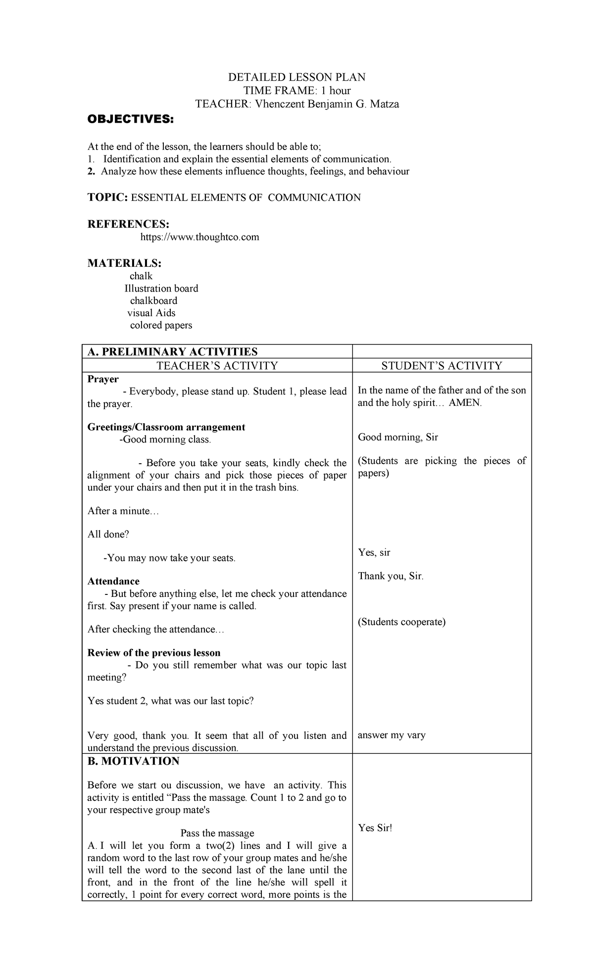 Communication Top - Lesson Plan on Essential Elements of Communication ...