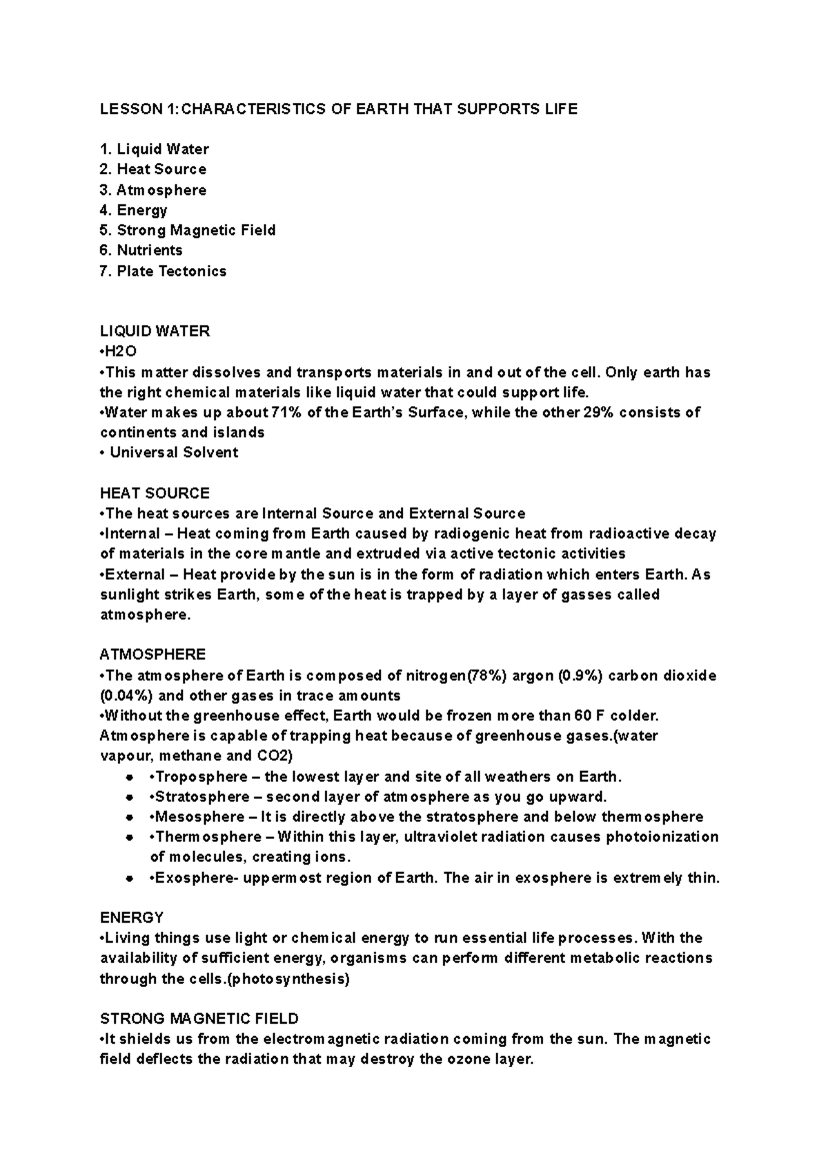 Earth Science 1: Characteristics of Earth Supporting Life and ...