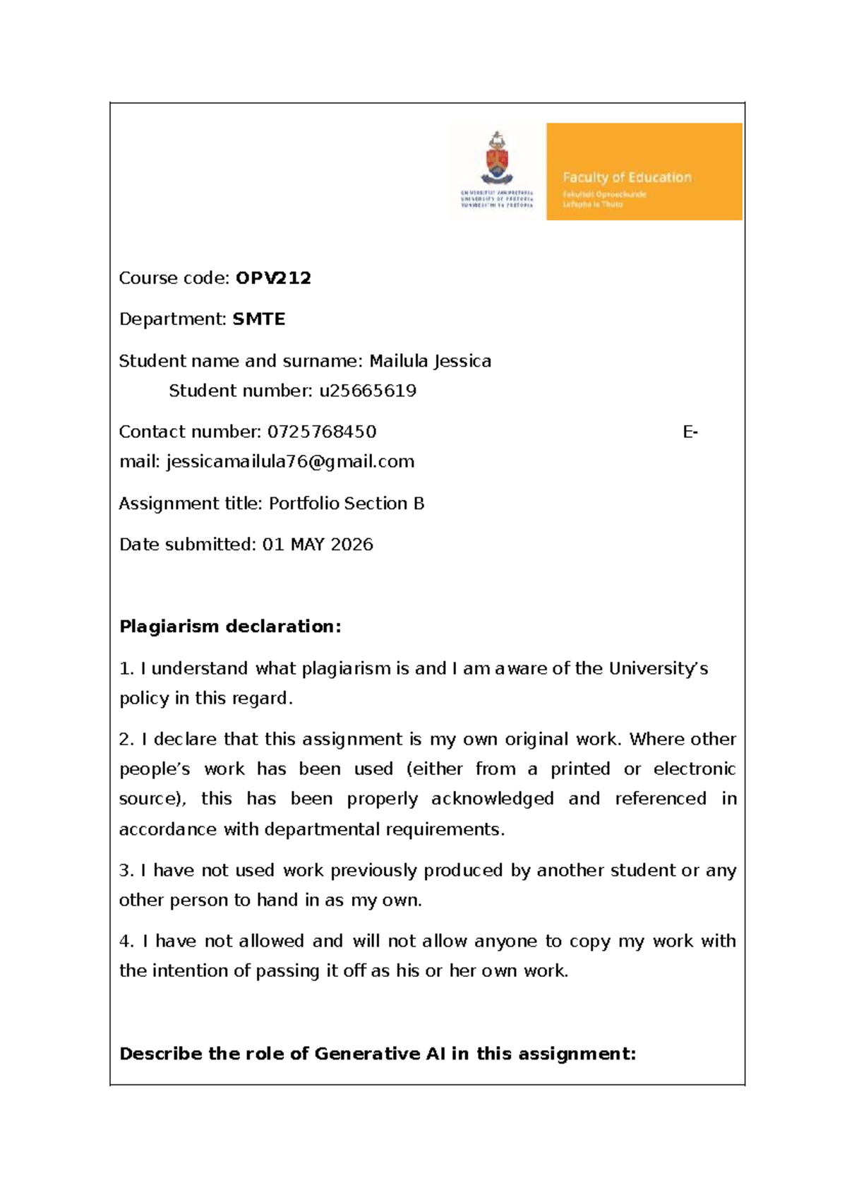 Portfolio B: Learner-Centered Activities for OPV212 - Studocu