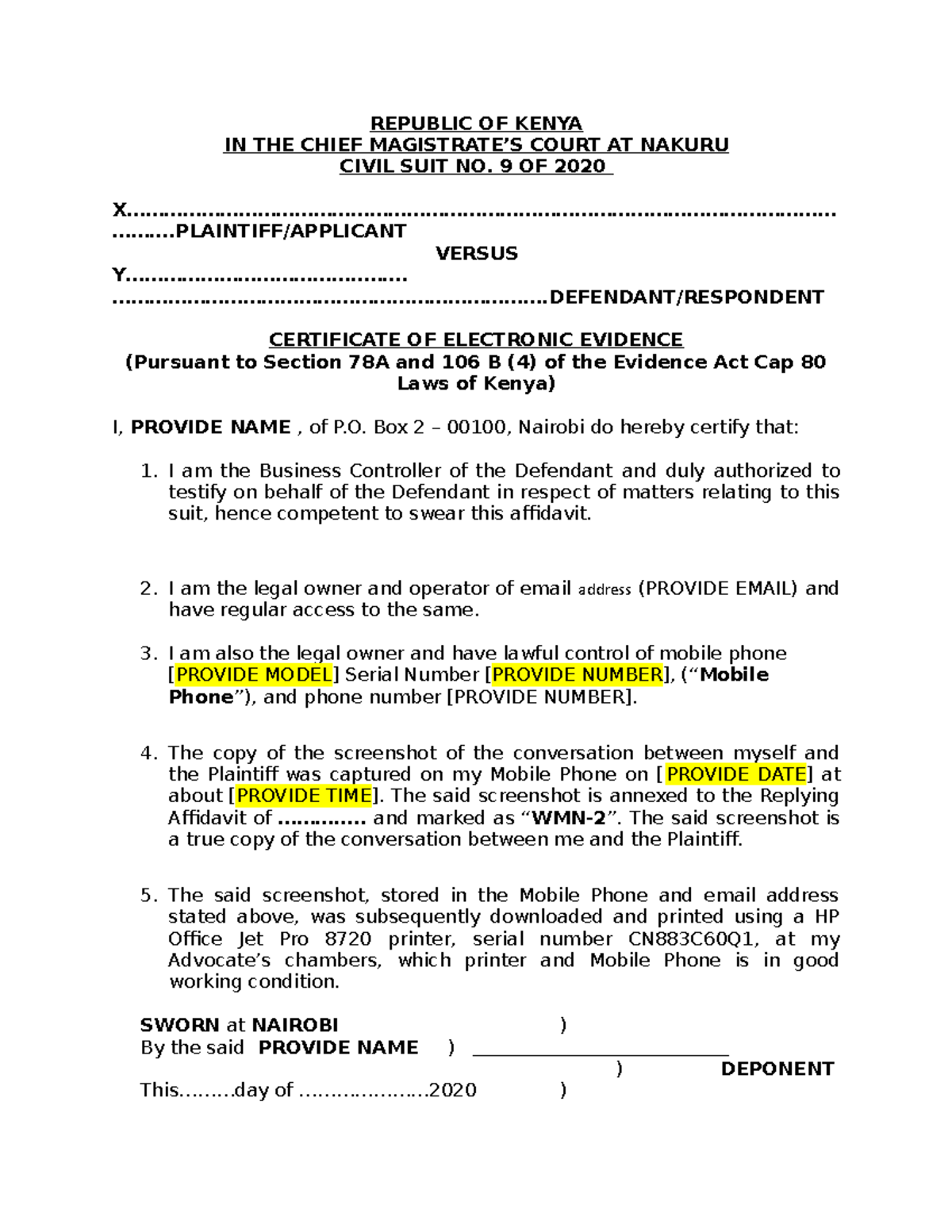 Certificate of Electronic Evidence Template for Civil Suit No. 9/2020 ...