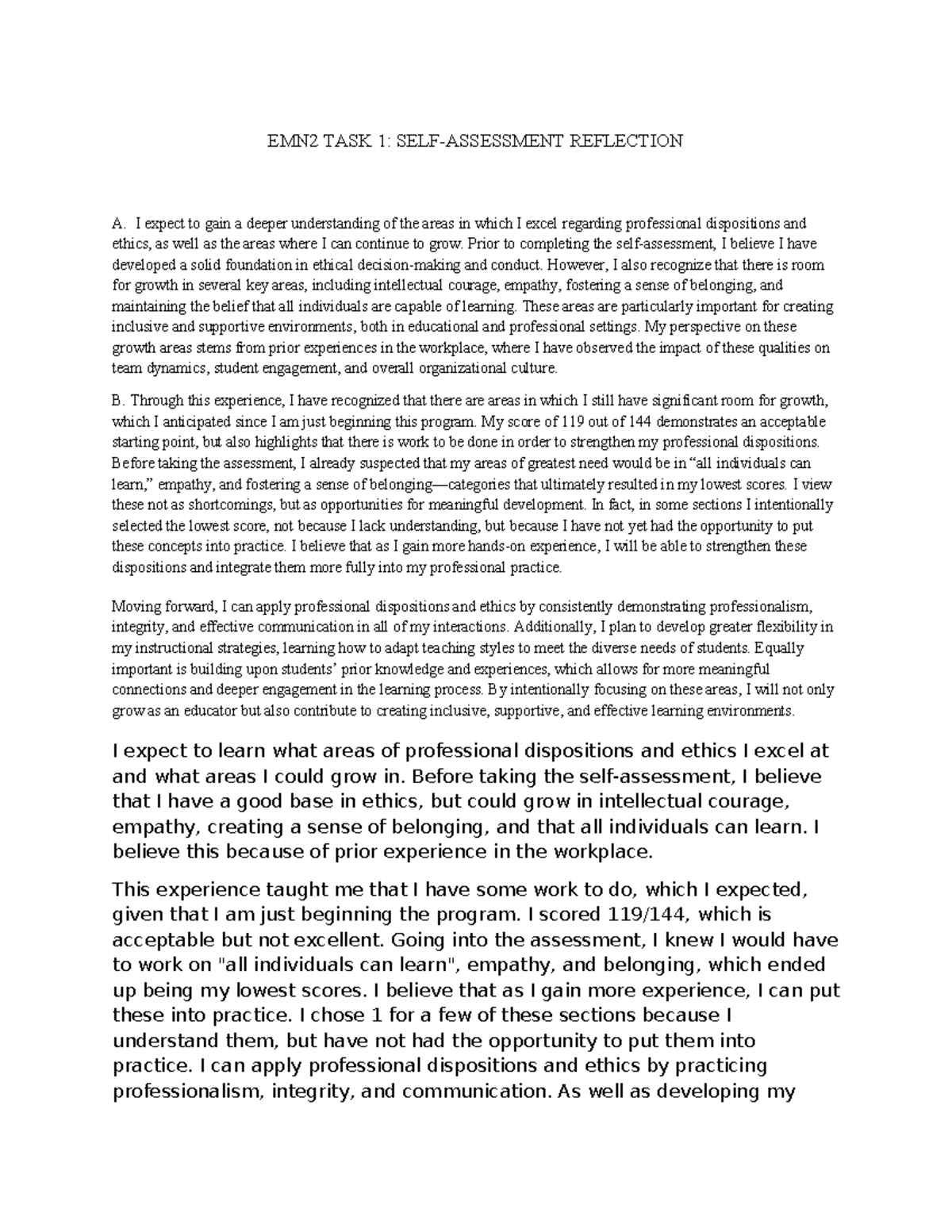 D663 Task 1: Reflection on Professional Dispositions and Ethics - Studocu