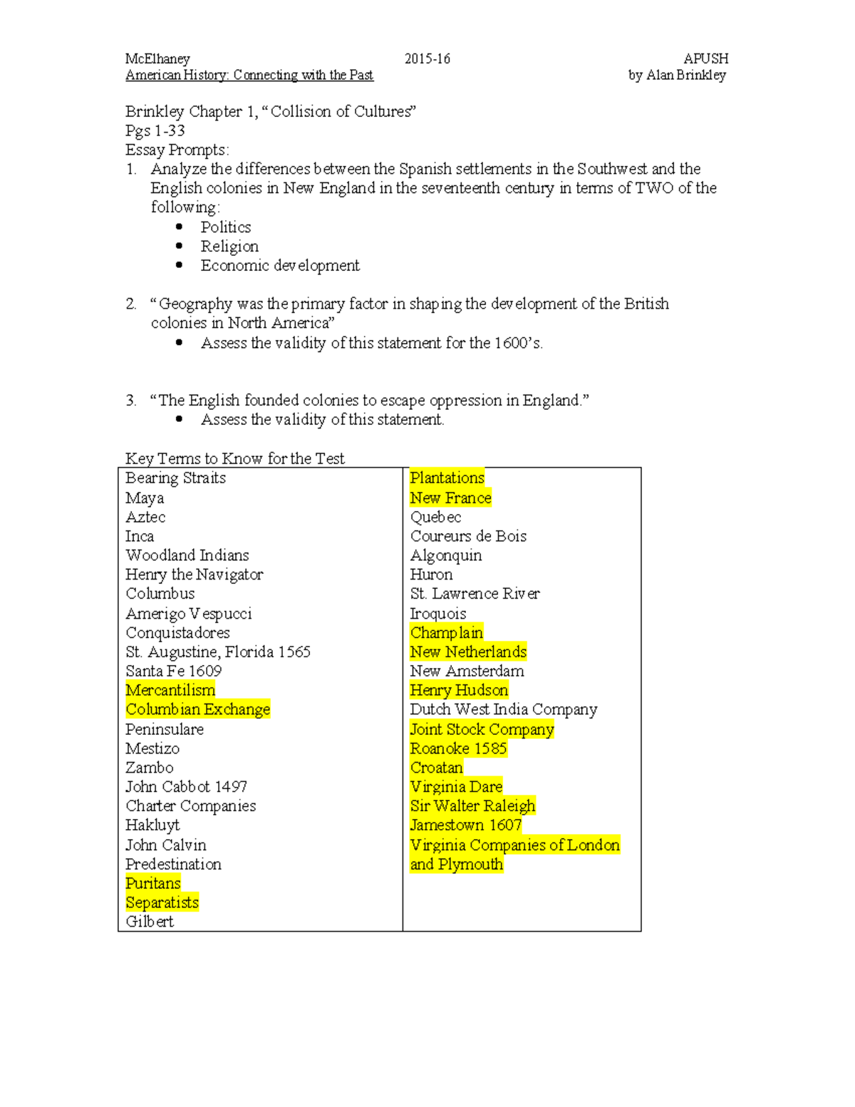 2015 Brinkley Chapter 1 New - American History: Connecting with the ...