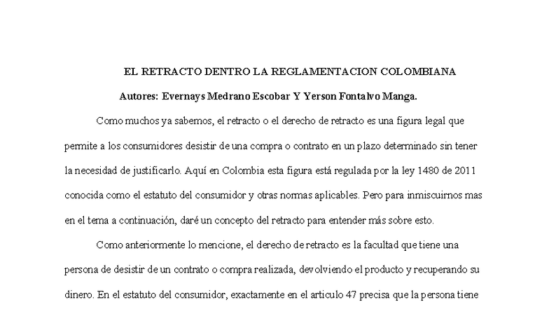 EL DERECHO DE RETRACTO EN COLOMBIA: ANÁLISIS Y NORMATIVA - Studocu