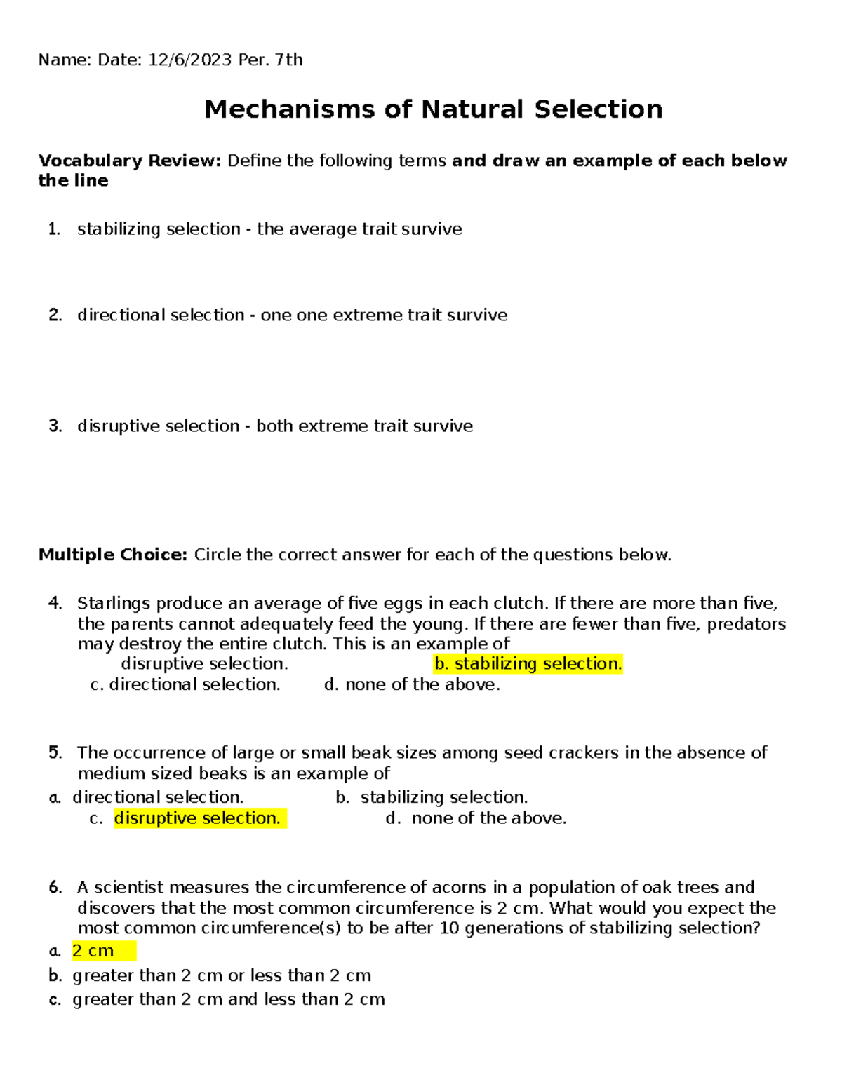 BIOL 101: Selection Curves Worksheet for Natural Selection Mechanisms ...