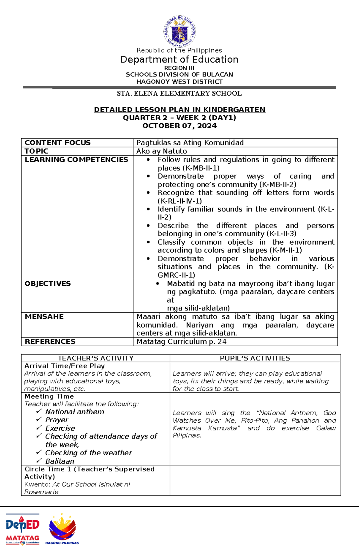 DLP K-12 Q2W2 D1 - Detailed Lesson Plan for Kindergarten - Studocu