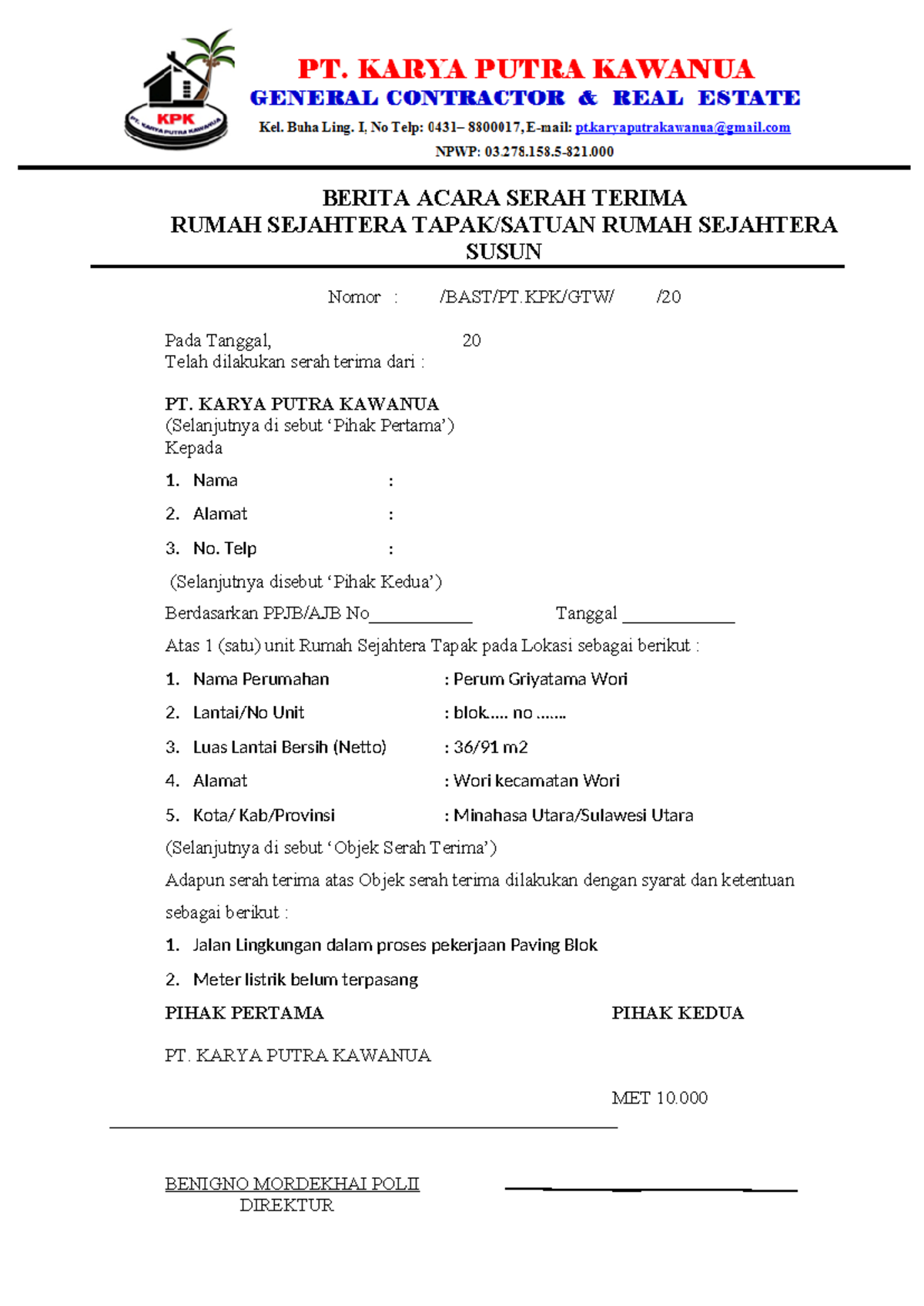 Surat Pernyataan BAST untuk Serah Terima Rumah Sejahtera - Studocu