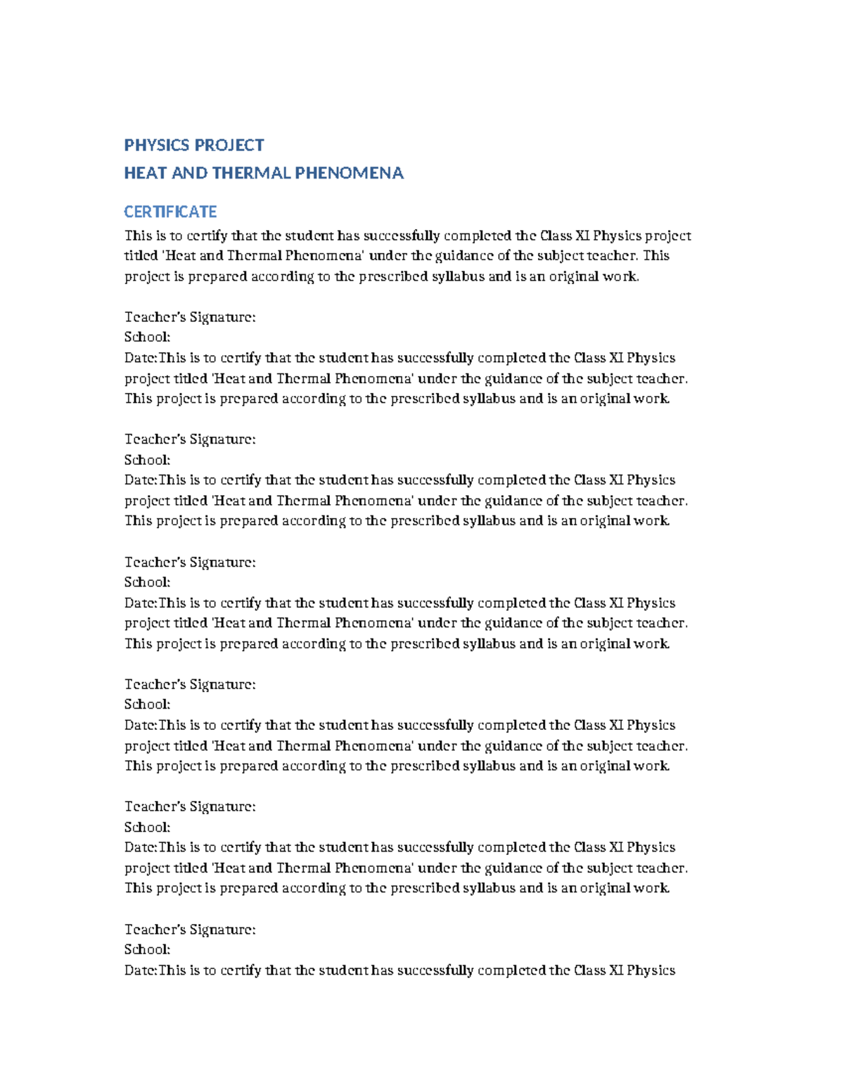 Class XI Physics Project: Heat and Thermal Phenomena - Studocu