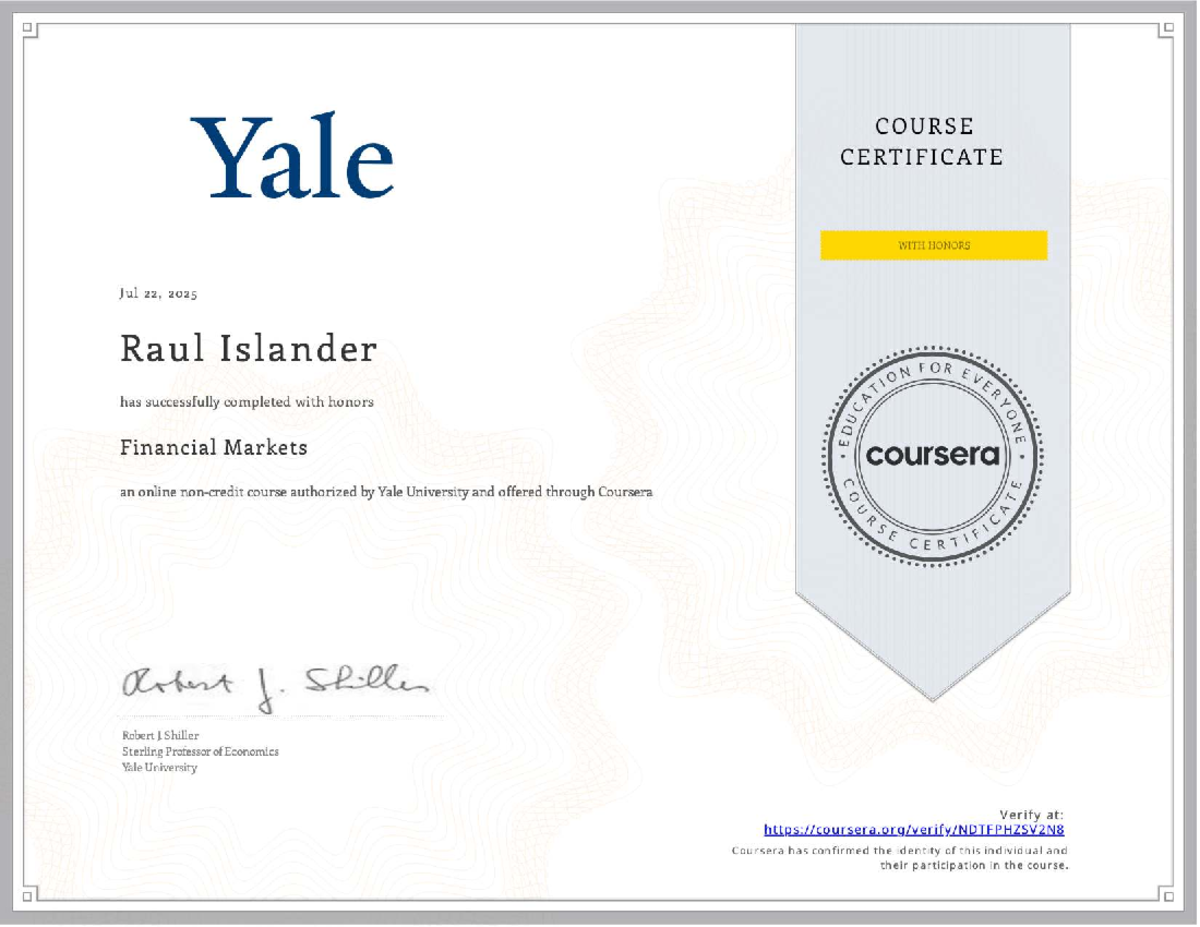 Yale Financial Markets Course Certificate with Honors - Studocu