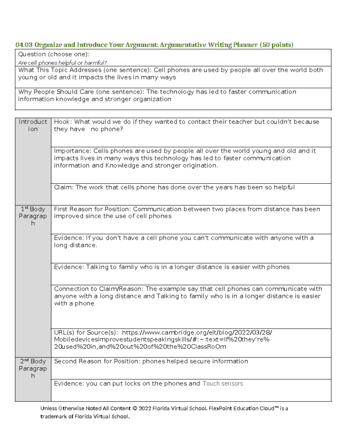 04.03 Argumentative Writing Planner: Cell Phones' Impact on Society ...