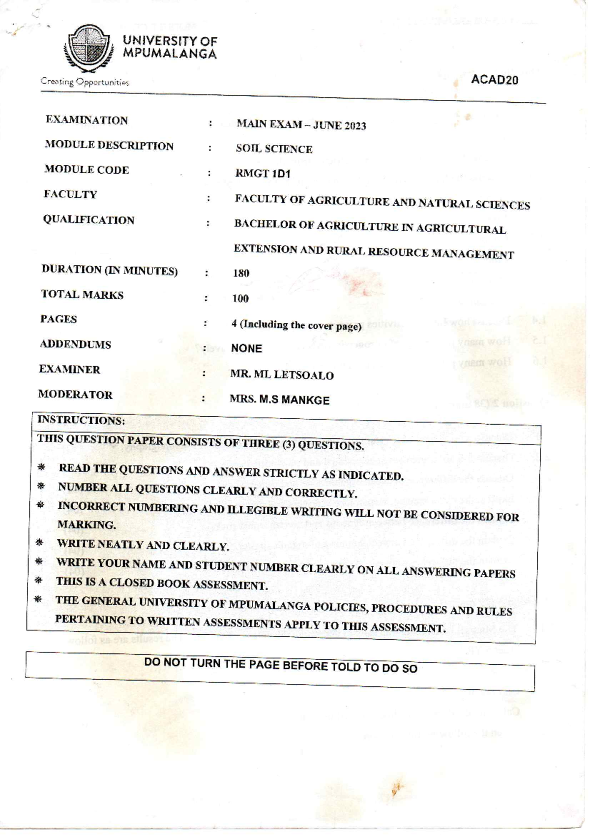 Soil Science RMGT 1D1 Main Exam June 2023 - Question Paper - Studocu