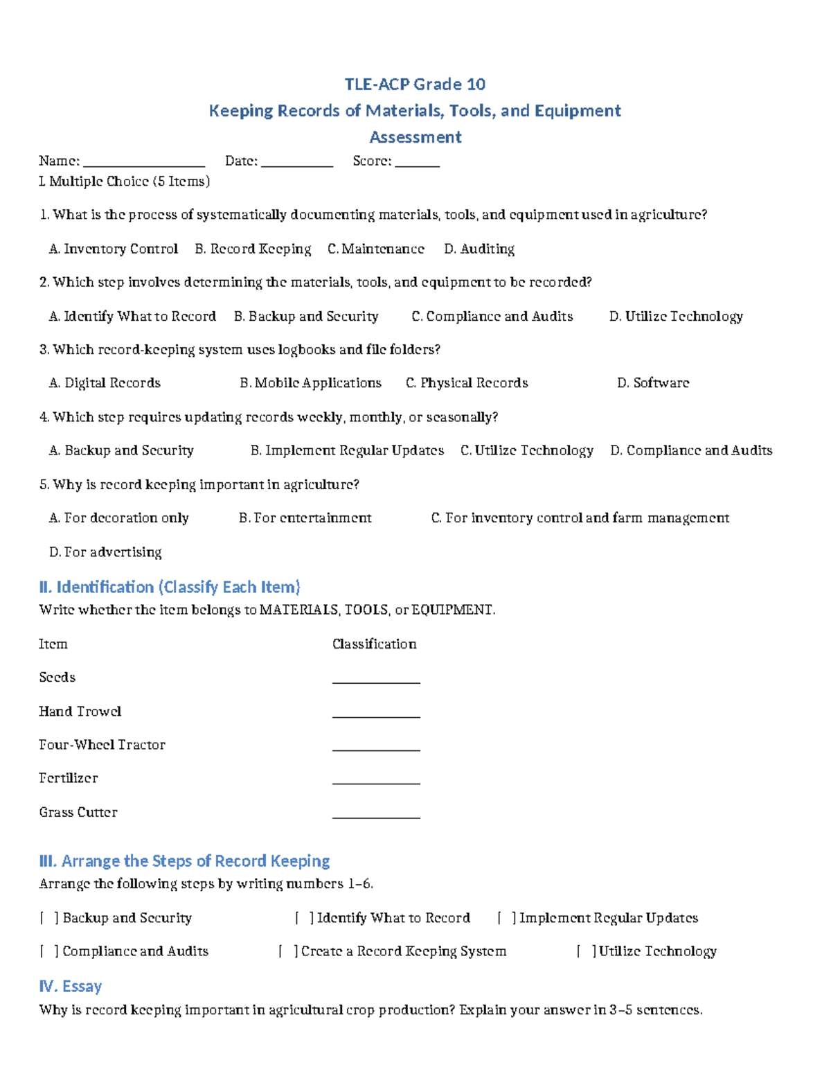 Grade 10 TLE ACP Record Keeping Assessment Guide - Studocu