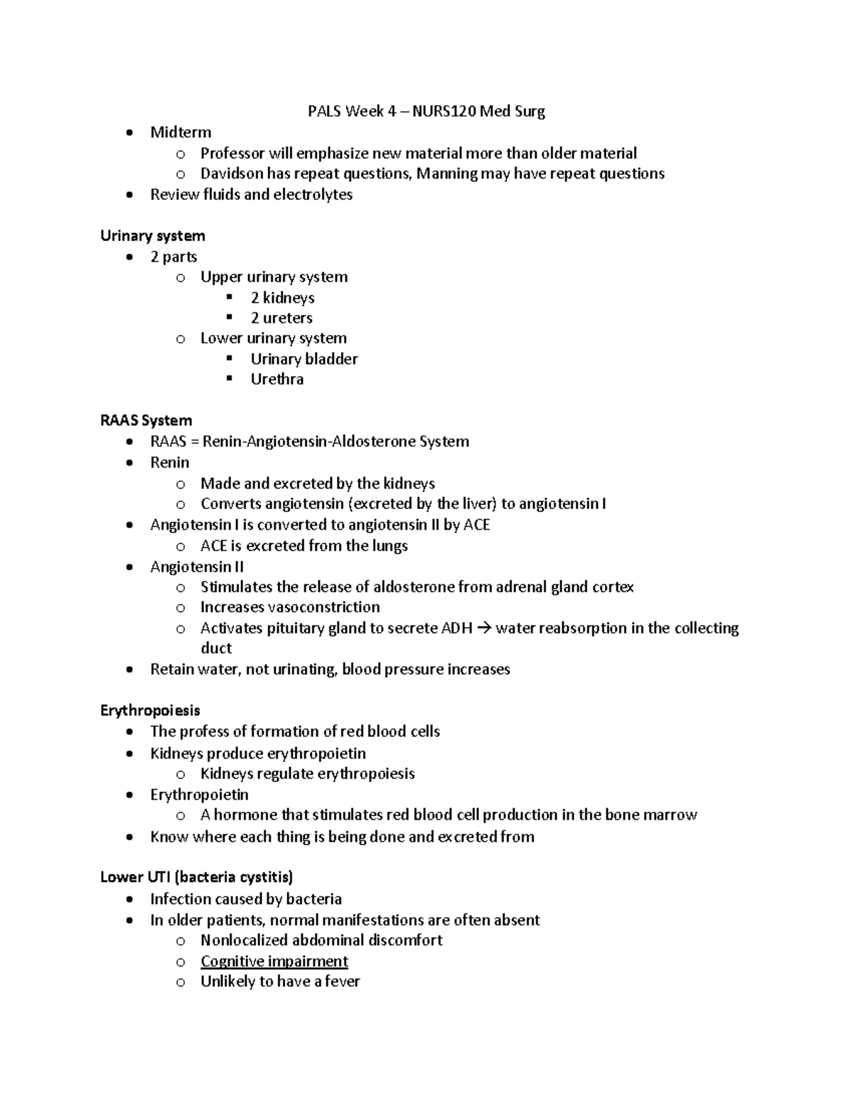 PALS Week 4 - Pals notes - PALS Week 4 – NURS120 Med Surg Midterm o ...