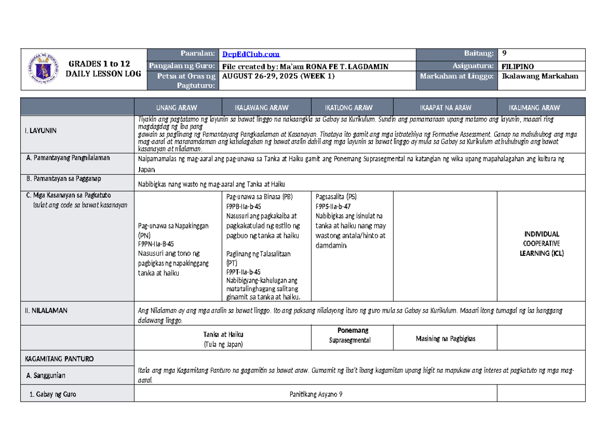 DLL Filipino 9 Q2 W1: Daily Lesson Log for Tanka and Haiku - Studocu