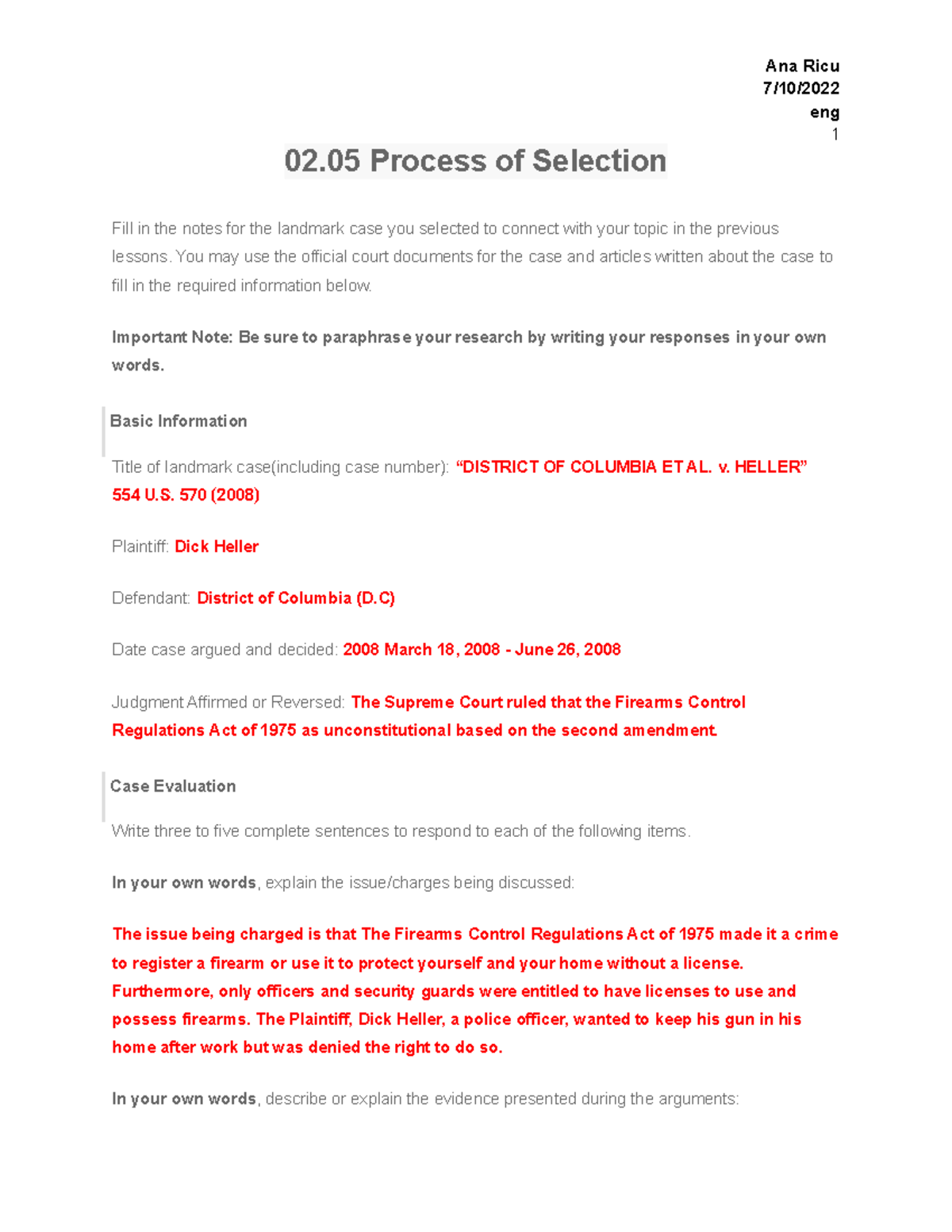 02.05 Landmark Case Study: District of Columbia v. Heller Analysis ...