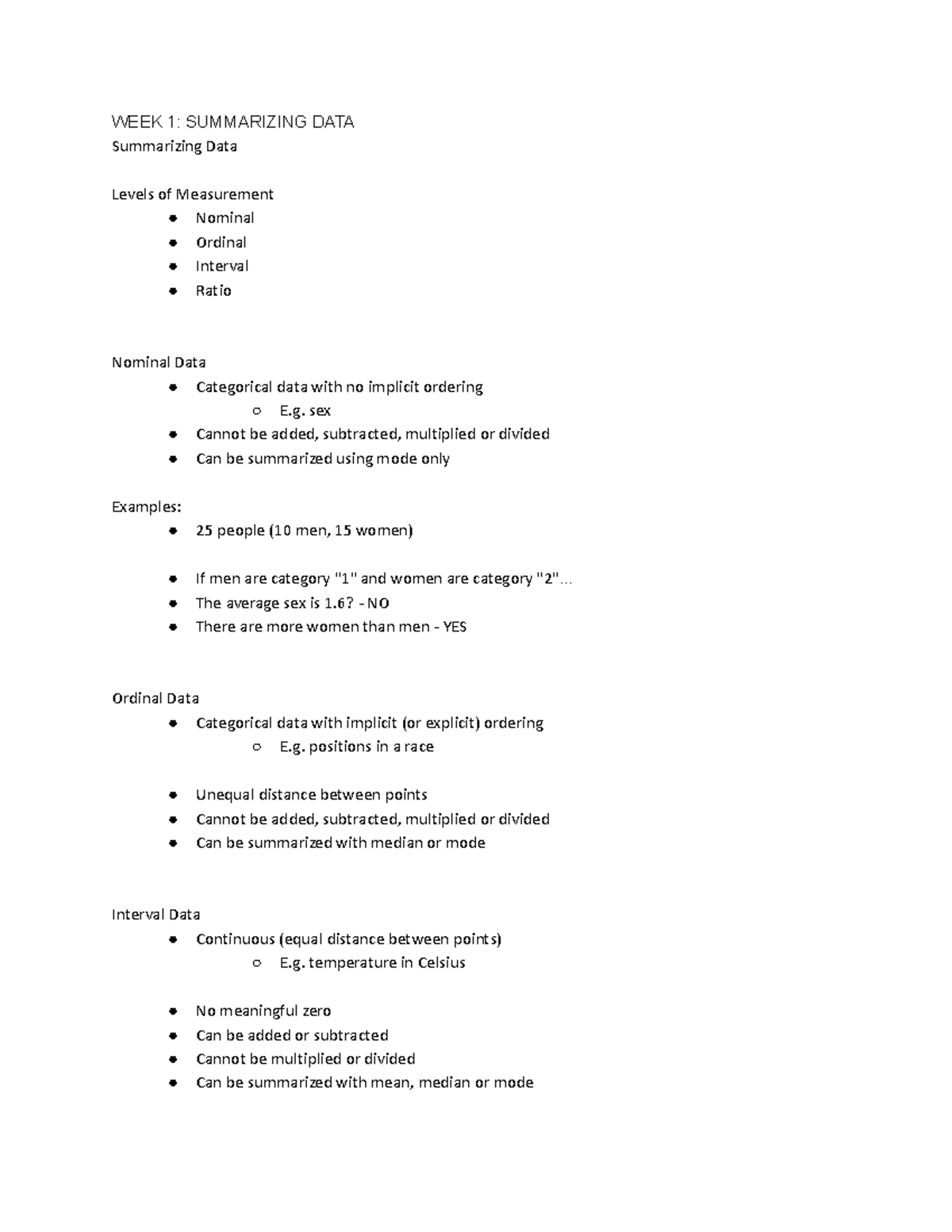 Measurement and Analysis in Health Sciences 3801: Week 1 Data Summary ...