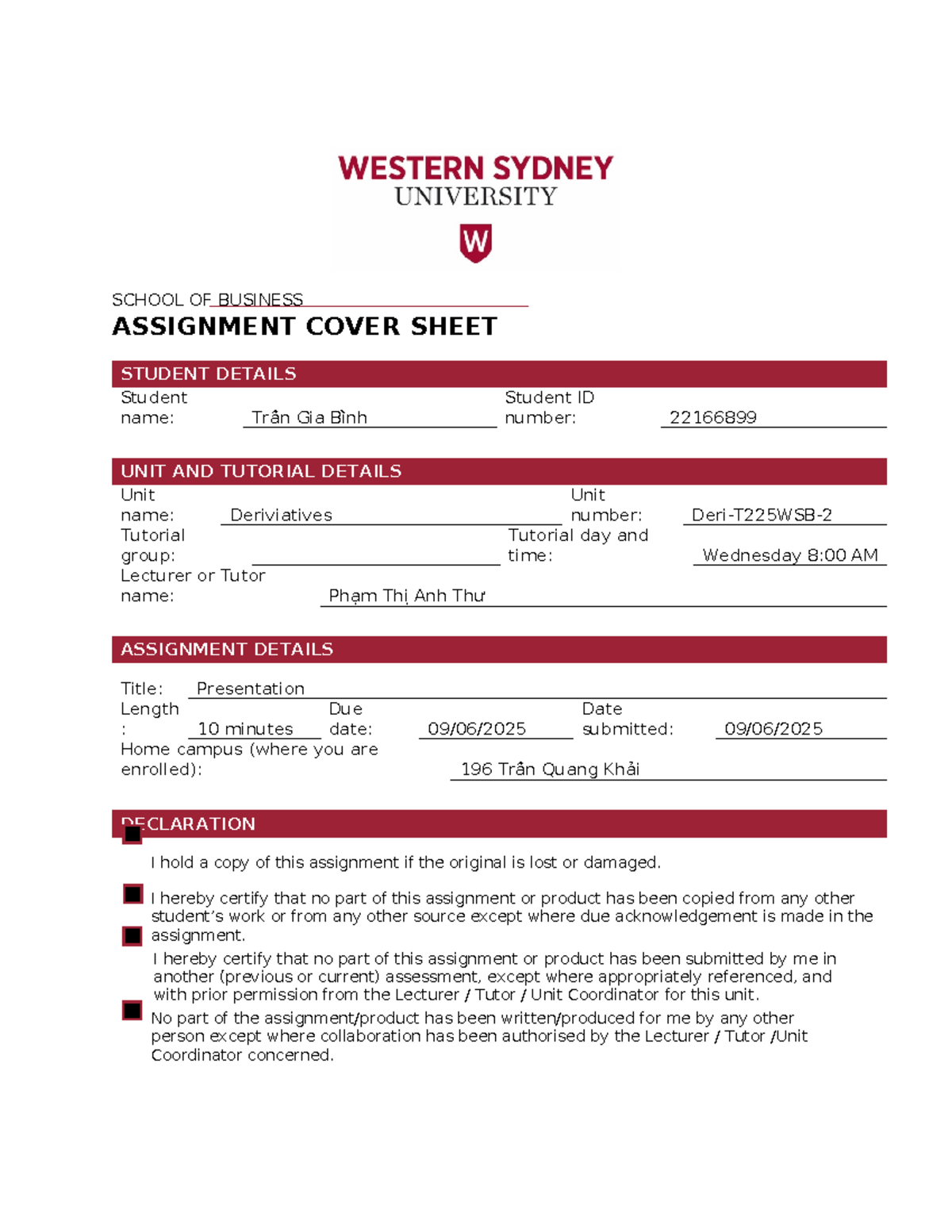 Derivatives Presentation Cover Sheet - BUS 22166899 - Studocu