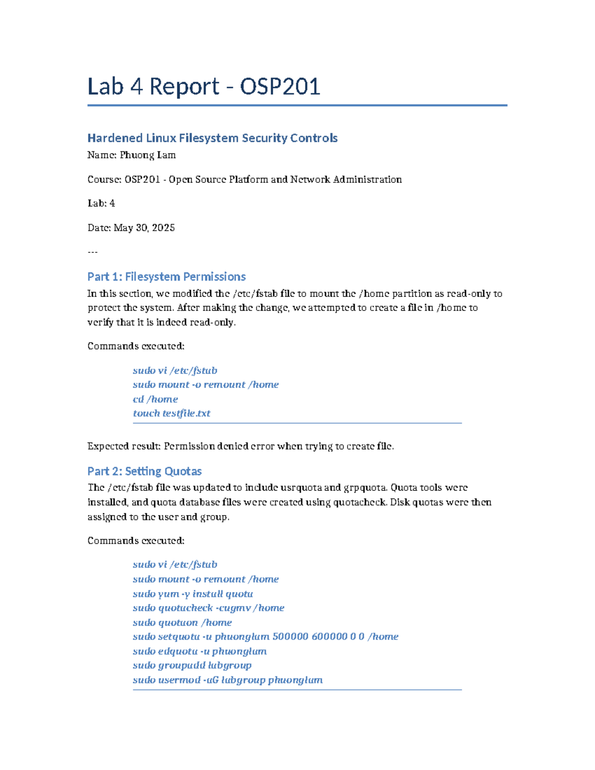 Lab 4 Report: Hardened Linux Filesystem Security OSP201 - Studocu