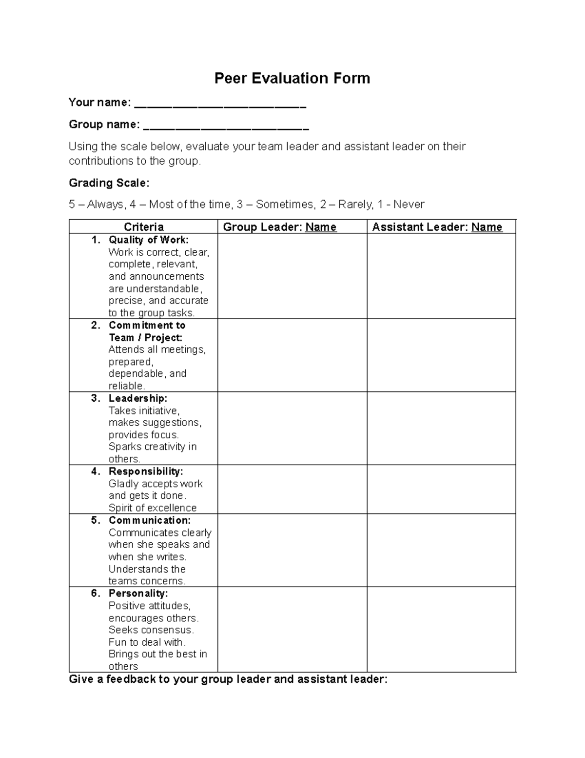 Peer Evaluation Form for Group Leaders and Assistants - Studocu