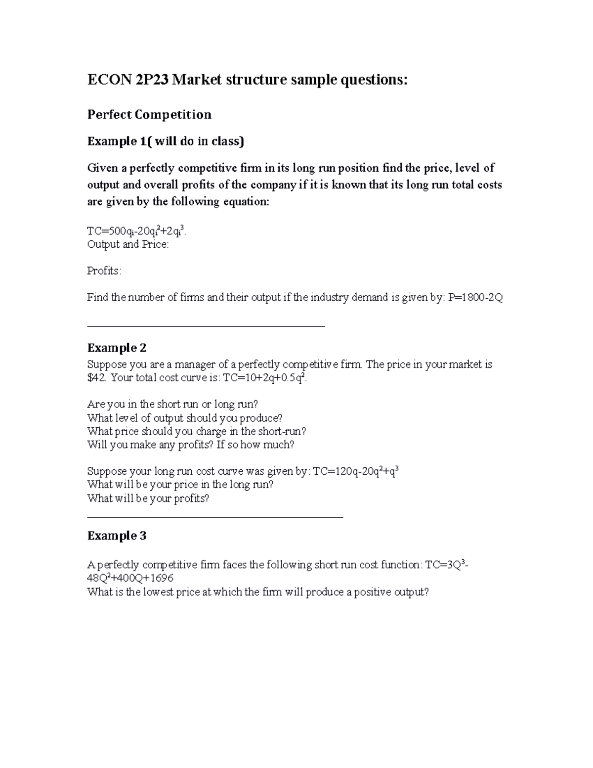 Sample market structure questions - ECON 2P23 Market structure sample ...