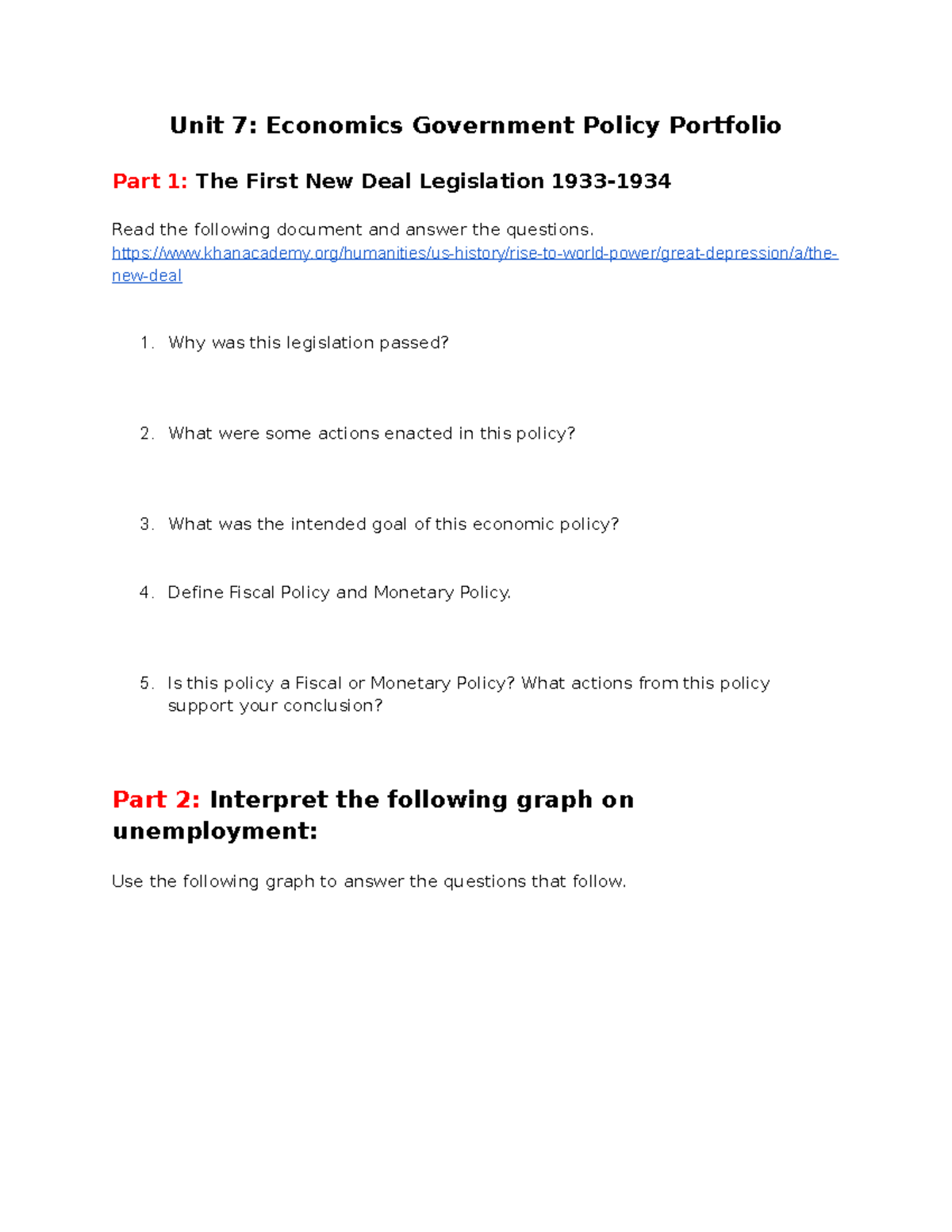 Unit 7: Gov't & Econ Policy Portfolio - First New Deal Legislation ...