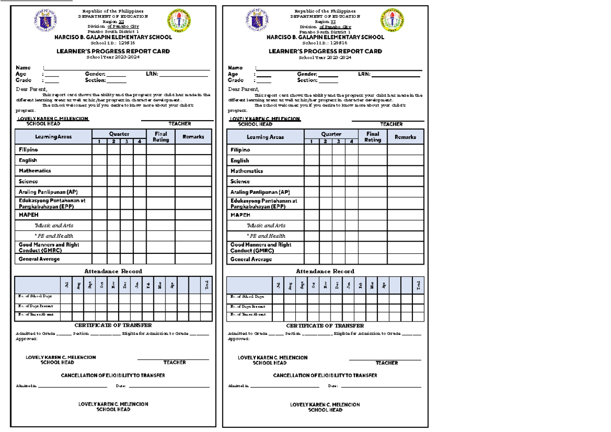 Report Card for School Year: Progress and Attendance Overview - Studocu
